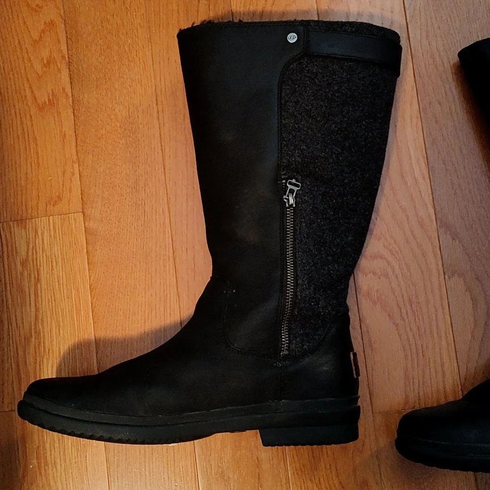 UGG | Shoes | Ugg Janina Black Leather And Wool Womens Waterproof Tall ...